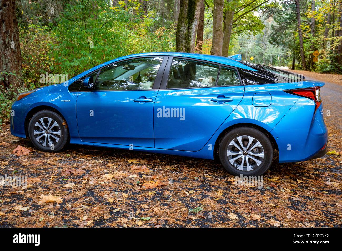 Bellingham, WA USA - 10-26-2022: Blue Hybrid Auto Prius parked amoungst ...