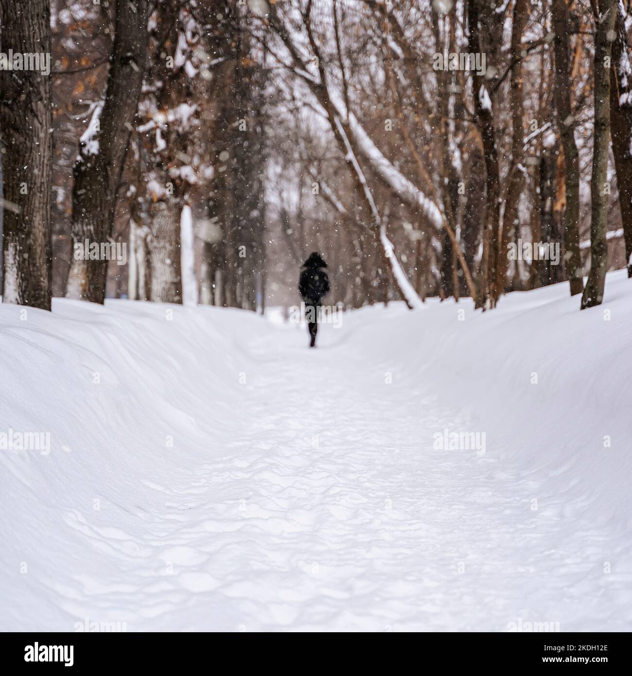 Winter. Lonely man among snowdrifts of city alley. Natural background ...