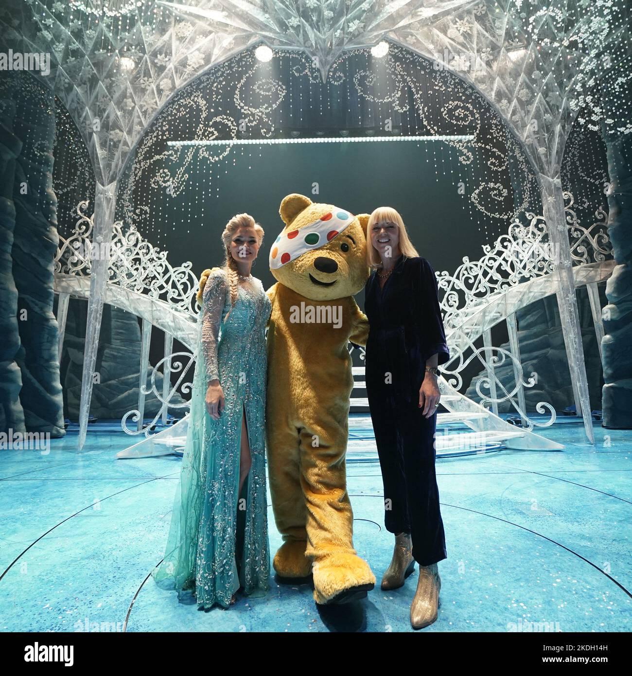 Samantha Barks, who plays Elsa, Pudsey Bear and Sara Cox (right) at ...