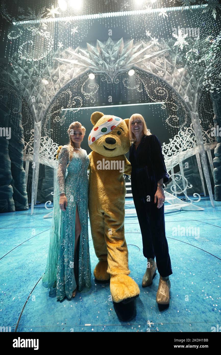 Samantha Barks, who plays Elsa, Pudsey Bear and Sara Cox (right) at ...