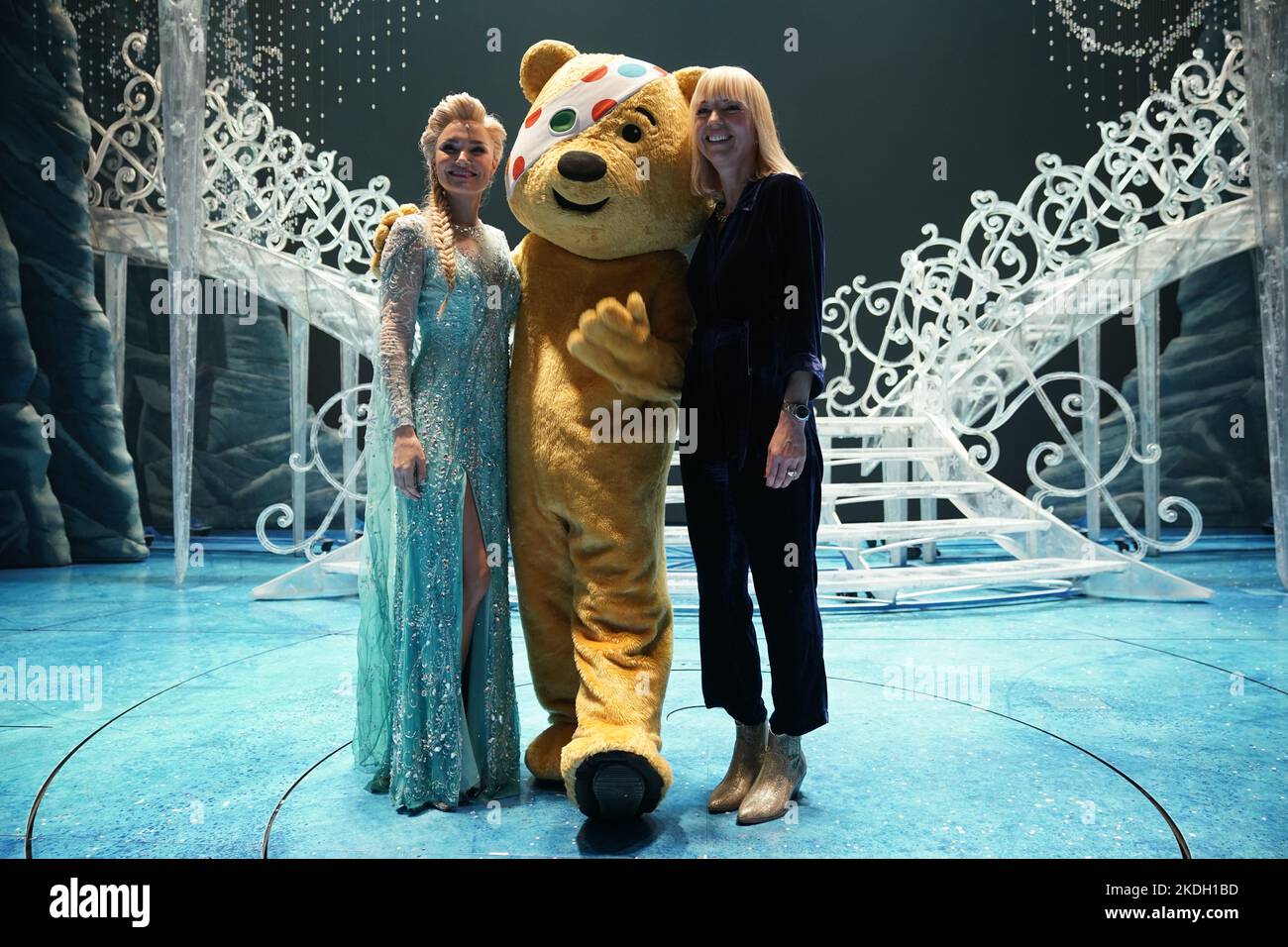 Samantha Barks, who plays Elsa, Pudsey Bear and Sara Cox (right) at ...