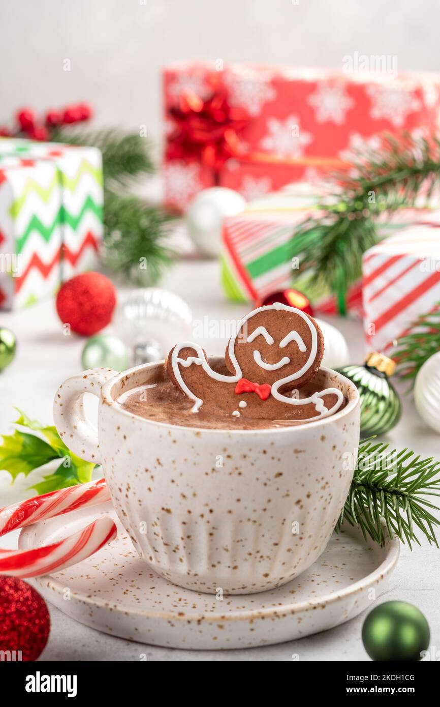 Gingerbread cookie man in a cup of hot chocolate Stock Photo - Alamy