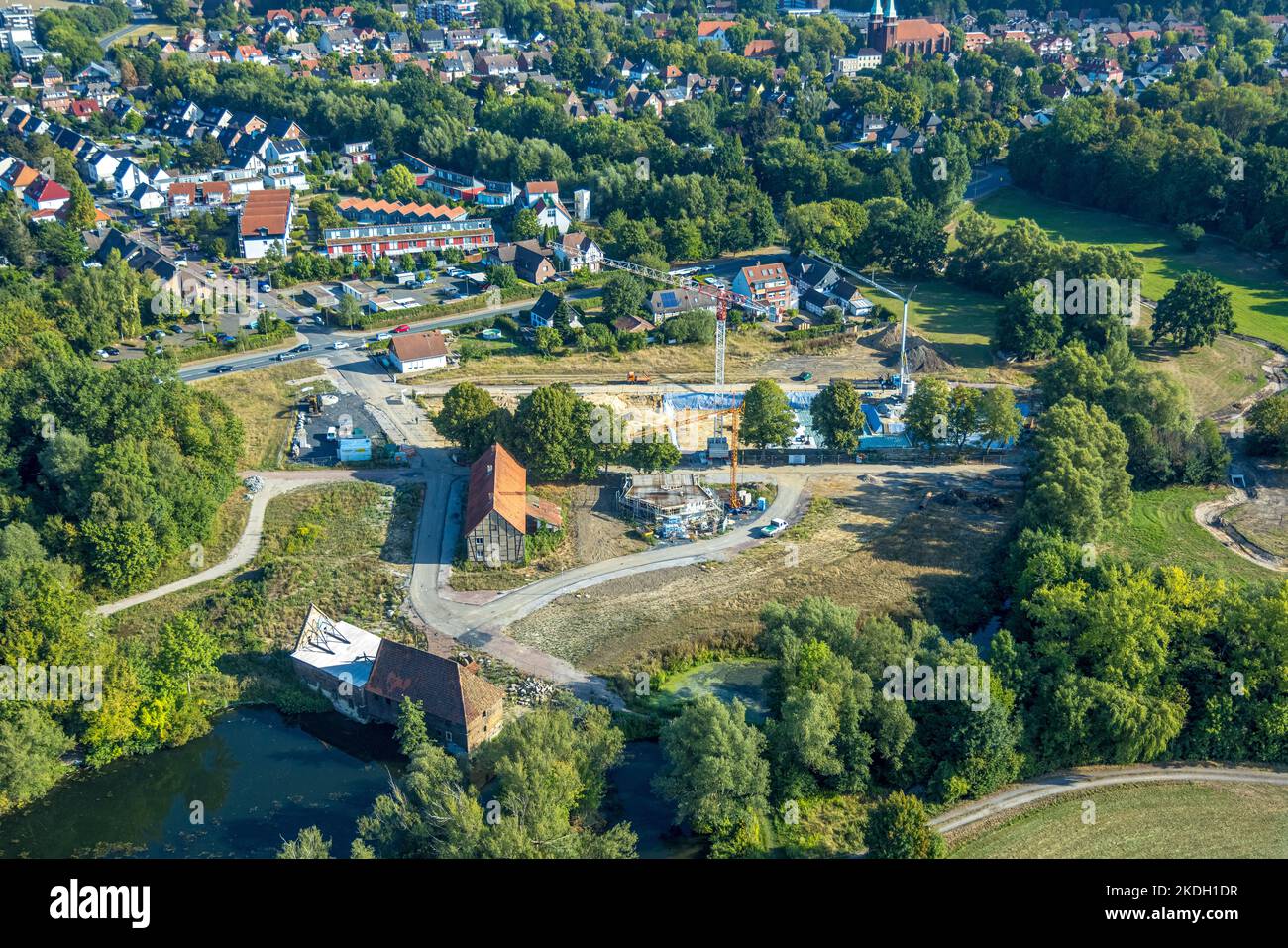 Aerial view, construction site and renovation of the castle mill at the ...