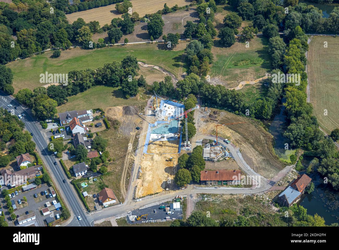 Aerial view, construction site and renovation of the castle mill at the ...