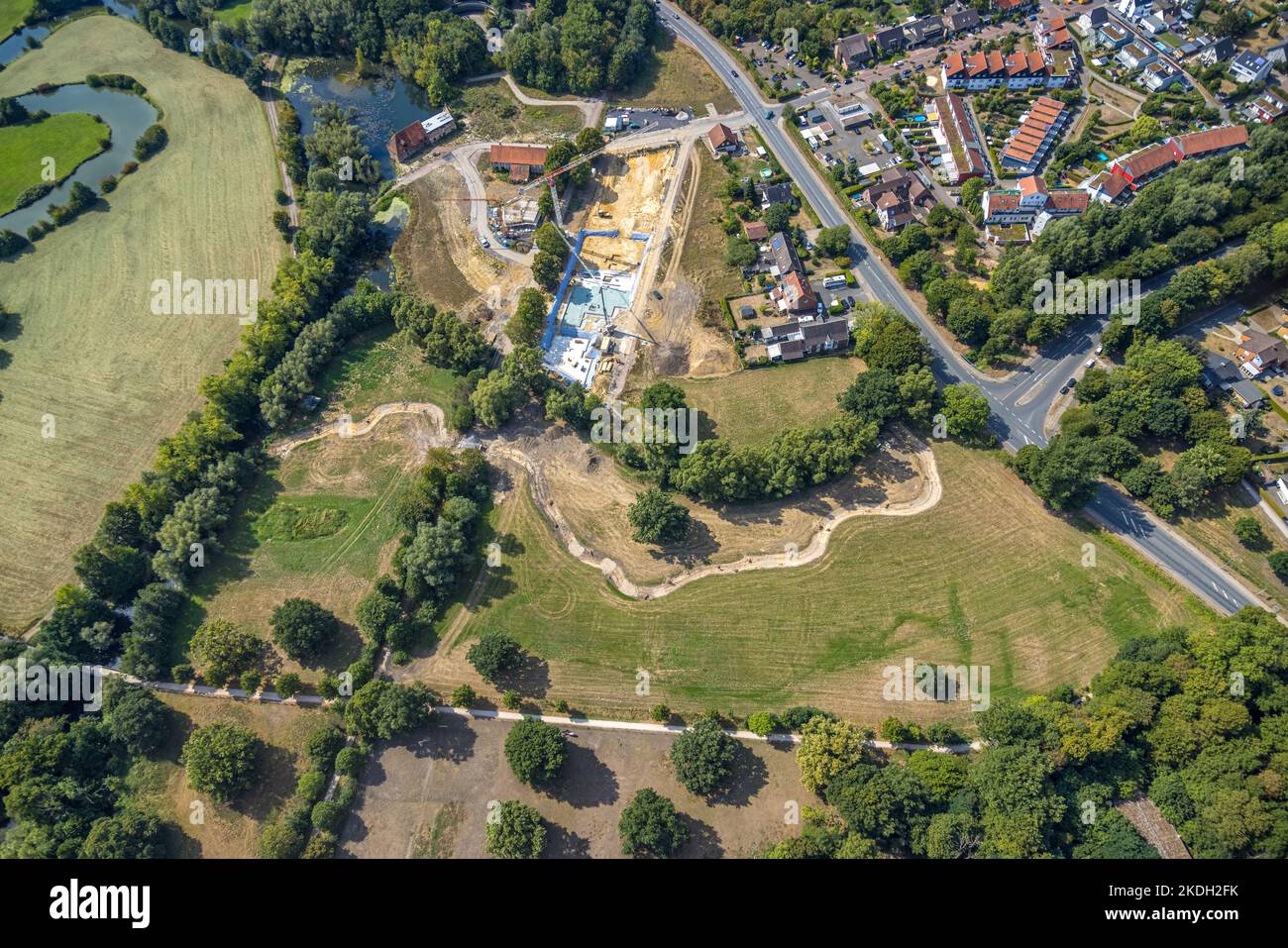 Aerial view, construction site and renovation of the castle mill at the ...