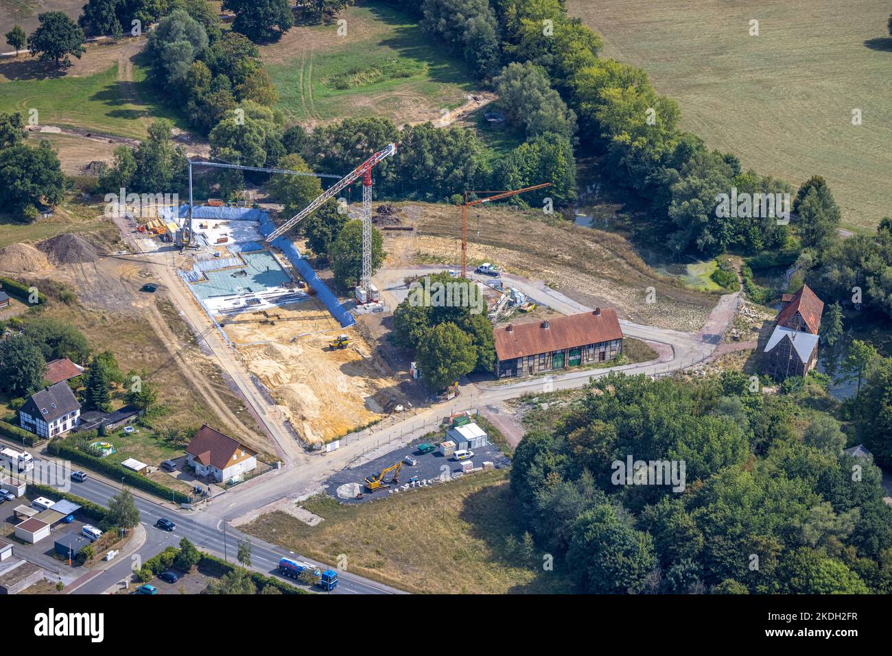 Aerial view, construction site and renovation of the castle mill at the ...