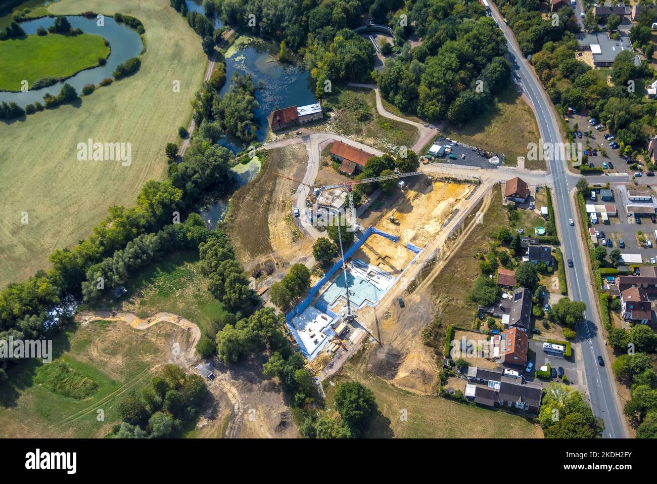 Aerial view, construction site and renovation of the castle mill at the ...