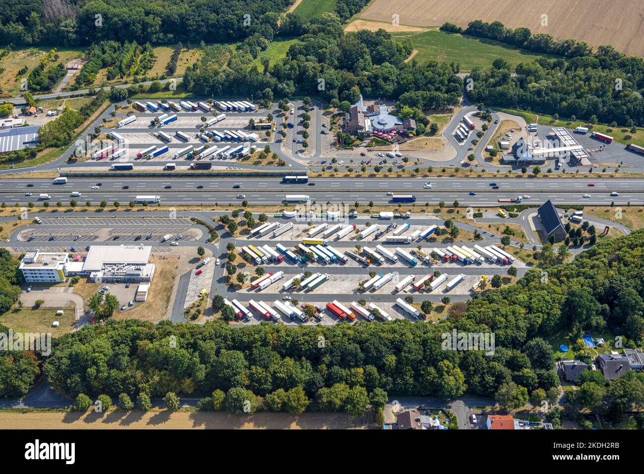 Aerial view, Rhynern freeway service station on the A2 freeway, parking ...