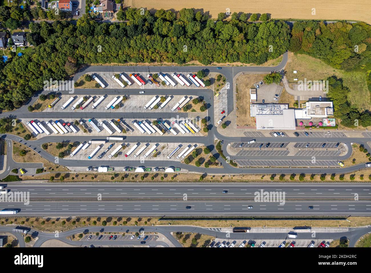 Aerial view, Rhynern freeway service station on the A2 freeway, parking ...