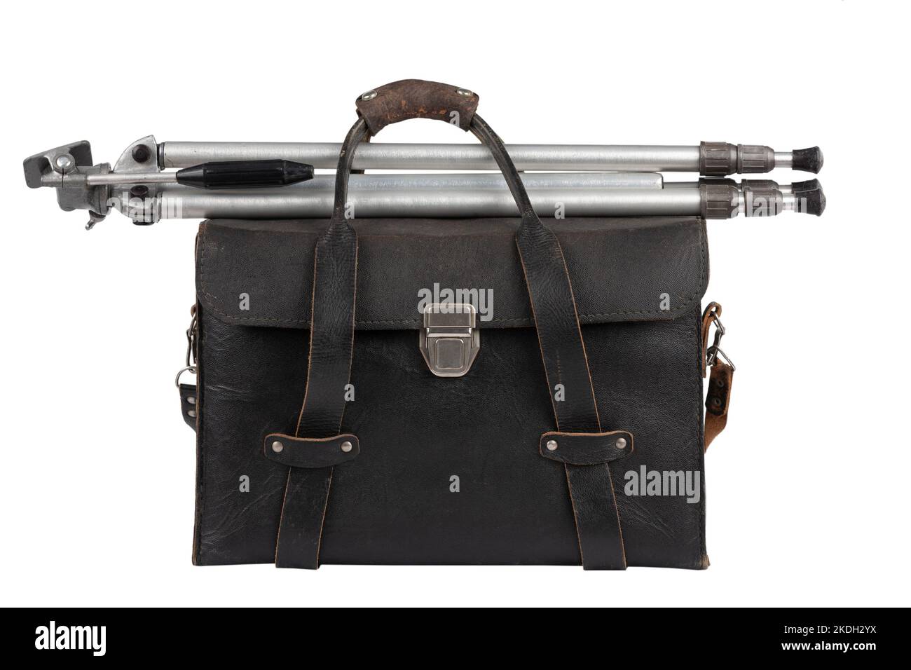 Antique retro leather camera bag vintage style with retro photo tripod ...