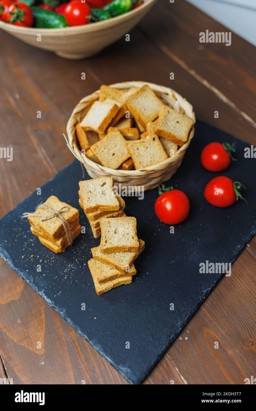 Fresh croutons made of whole grain flour, golden in color. Toasts for ...