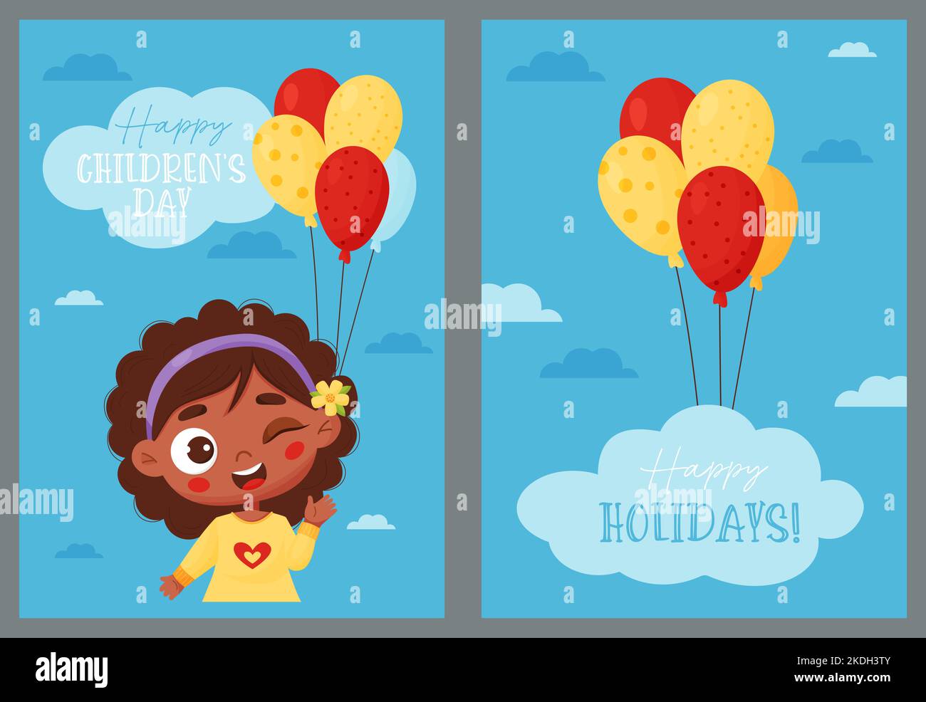 Cute black ethnic winking girl with balloons. Set holiday cards Happy ...
