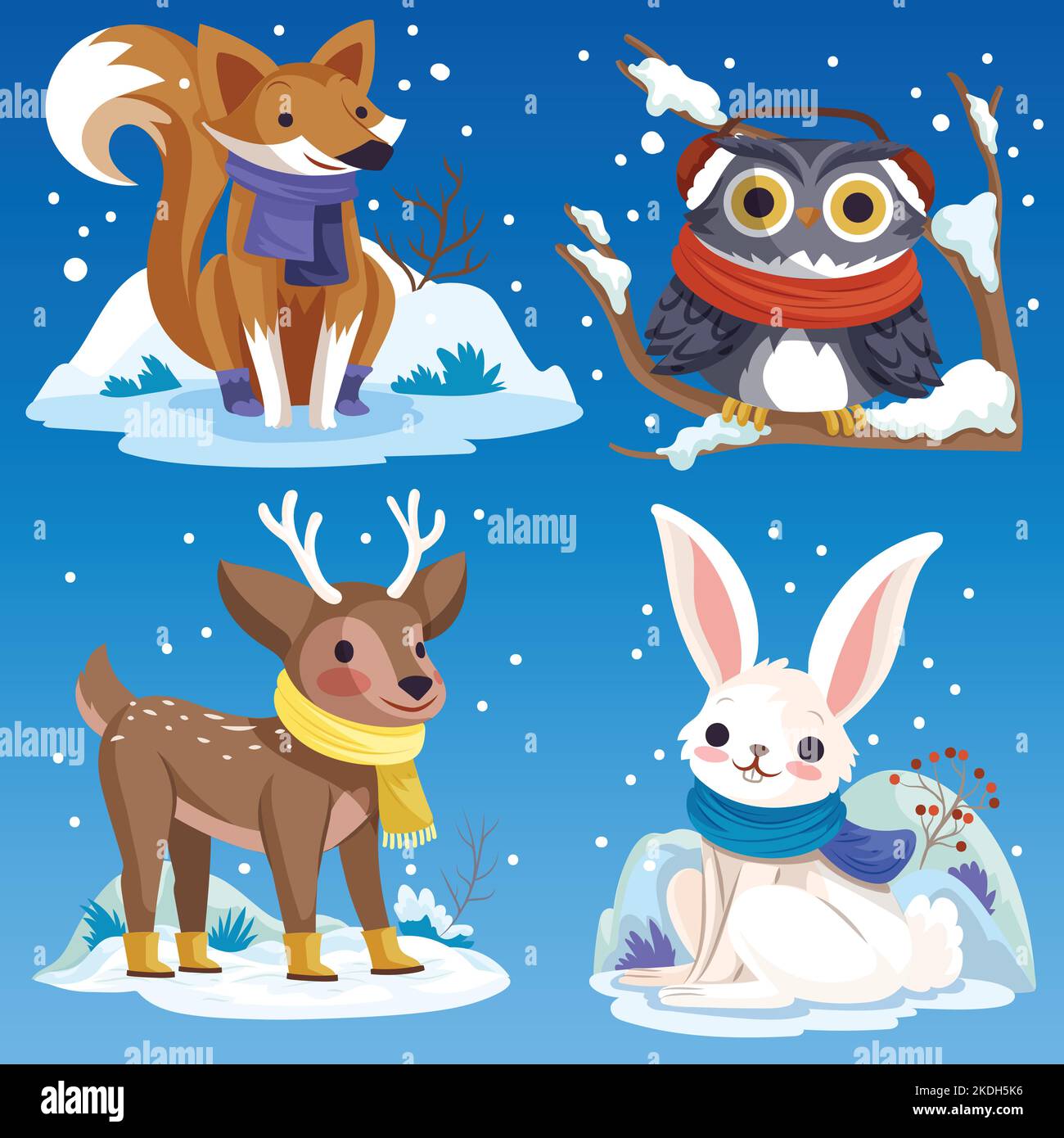 hand drawn flat winter animals collection vector design illustration ...
