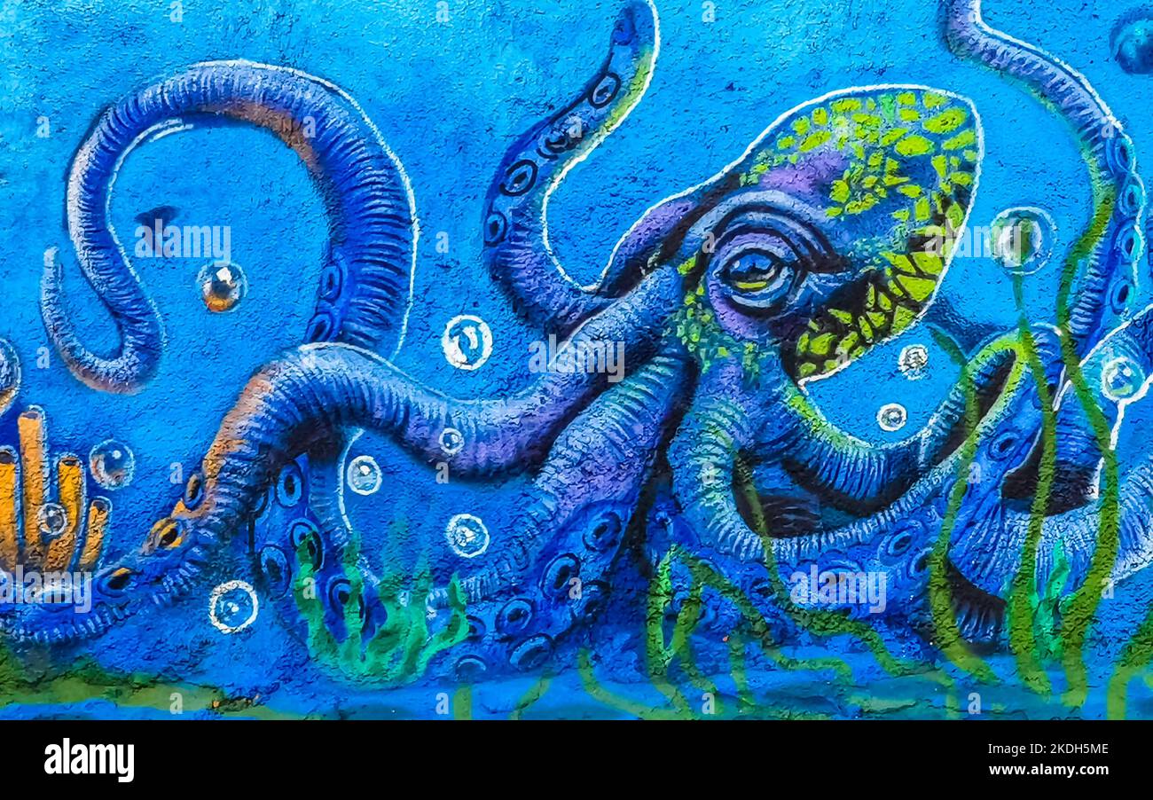 Wall with surf ocean sunset shark turtle coral woman and water graffiti ...