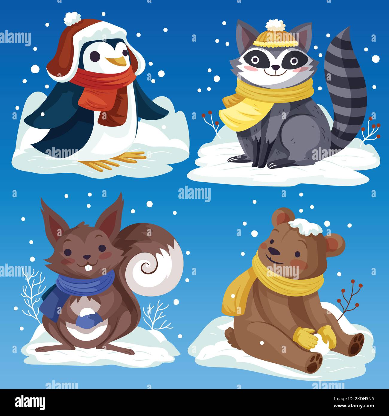 hand drawn flat winter animals collection vector design illustration ...