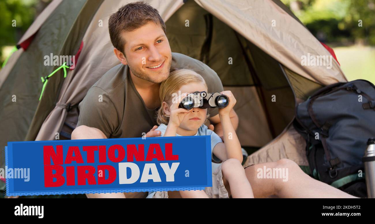 Composite of caucasian father and daughter looking through binoculars ...