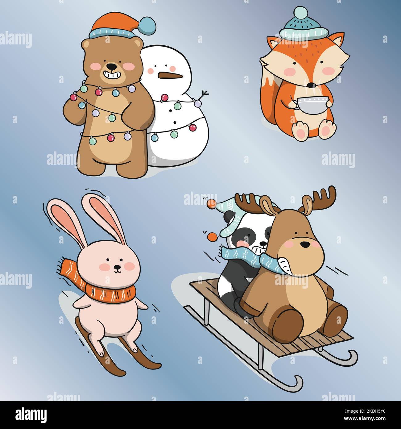 hand drawn flat winter animals collection vector design illustration ...