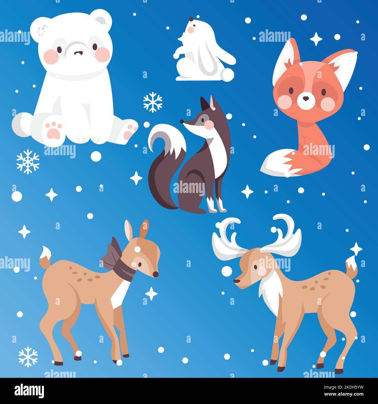 hand drawn flat winter animals collection vector design illustration ...