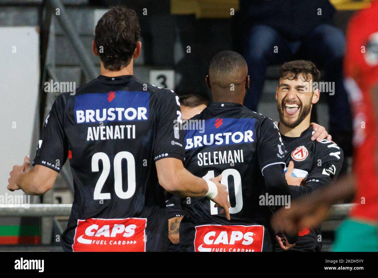Kortrijk's Massimo Bruno celebrates after scoring during a soccer match ...