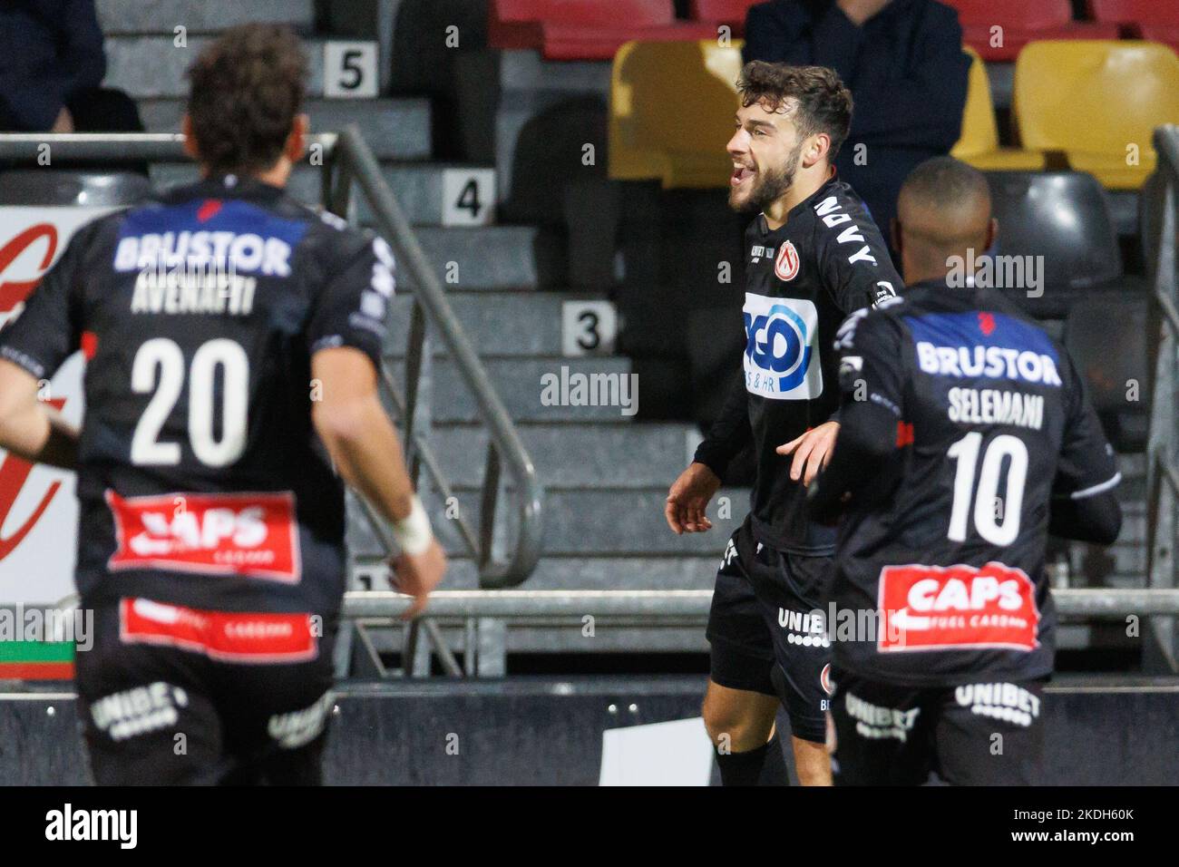 Kortrijk's Massimo Bruno celebrates after scoring during a soccer match ...