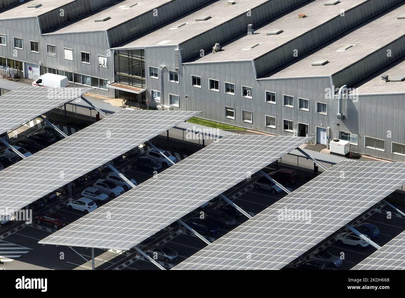 Aerial view of solar panels installed as shade roof over parking lot ...