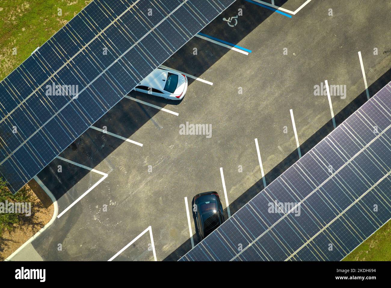 Aerial view of solar panels installed as shade roof over parking lot ...