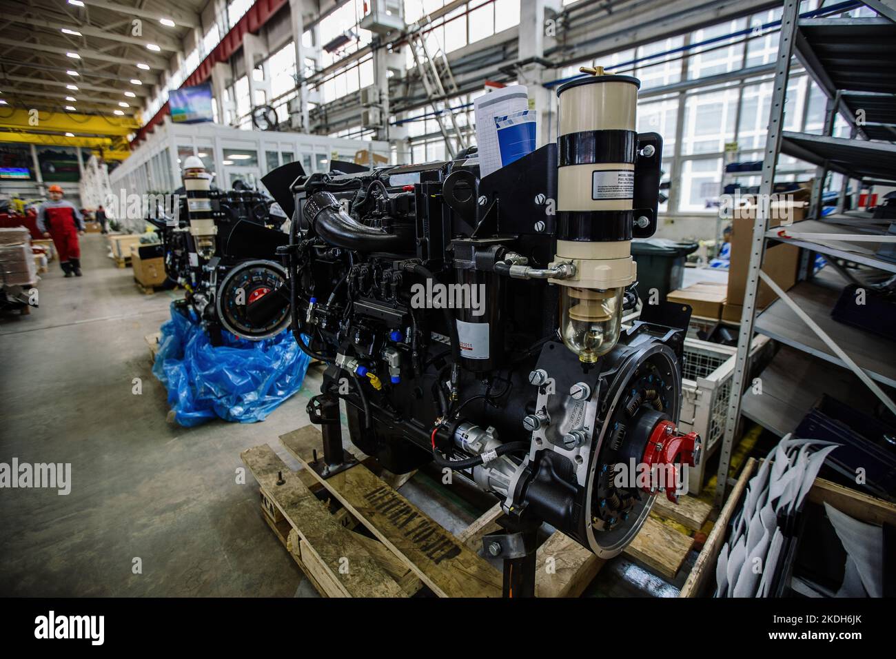 Modern diesel engine for assembling of machinery in the workshop Stock ...