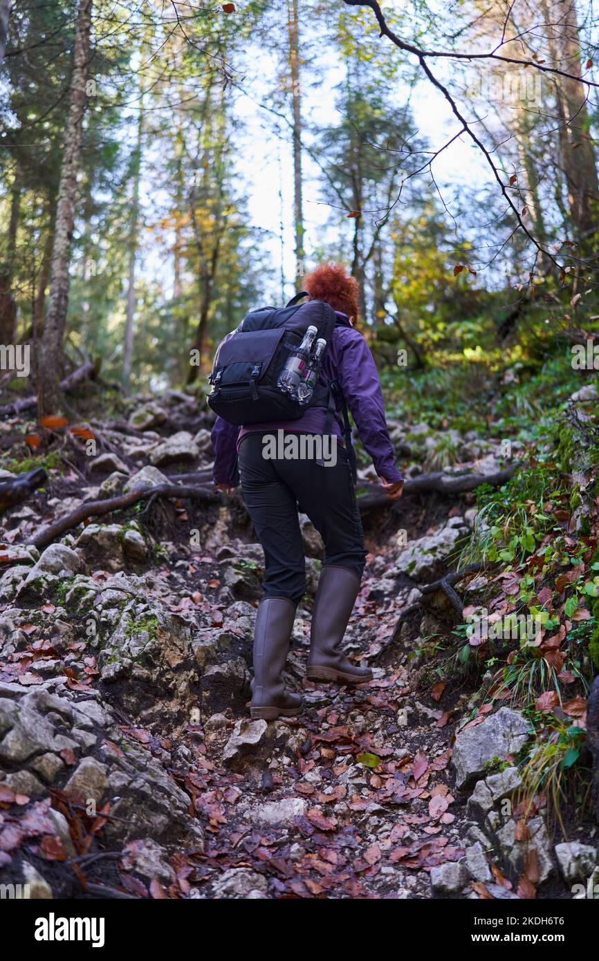 Woman hiker with backpack on a hiking trail in the mountains Stock ...