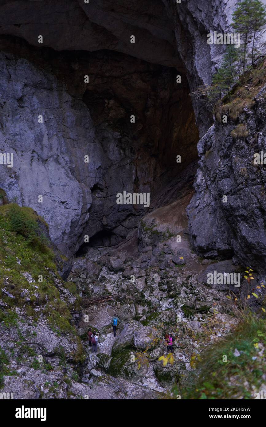 Huge cavern landscape of a natural cave in the limestone mountains ...