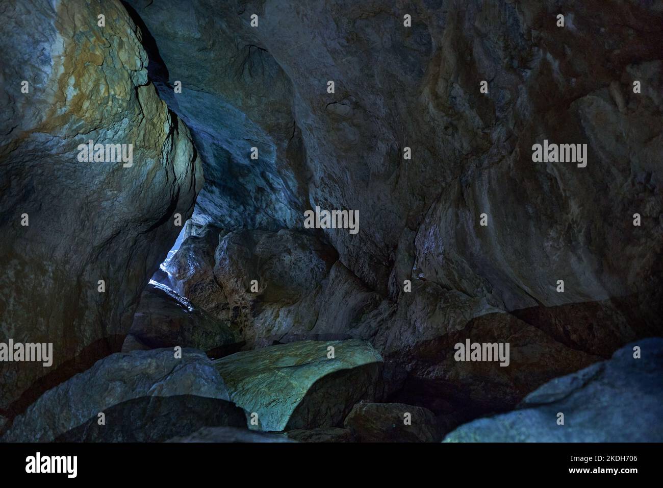 Huge cavern landscape of a natural cave in the limestone mountains ...
