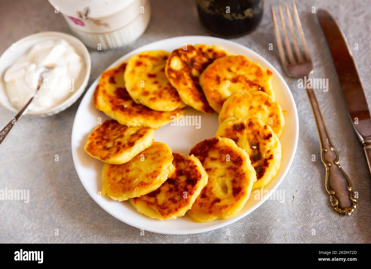 Popular curd dish of Russian cuisine called cheese pancakes Stock Photo ...