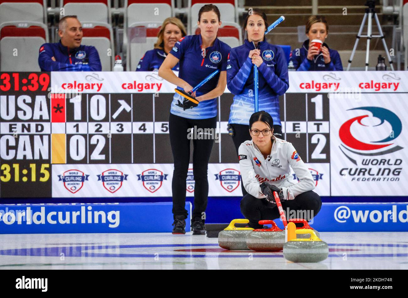 Canada skip Kerri Einarson, right, directs his teammates as United ...