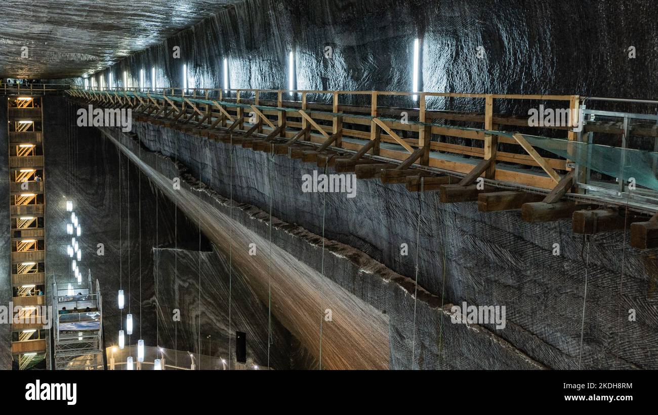 Old underground salt mine the deep underground lake with tourists ...