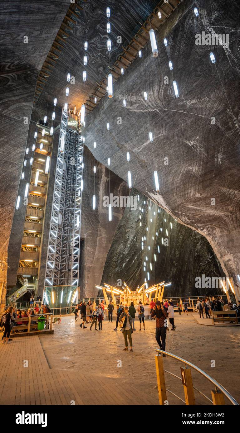 Old underground salt mine the deep underground lake with tourists ...