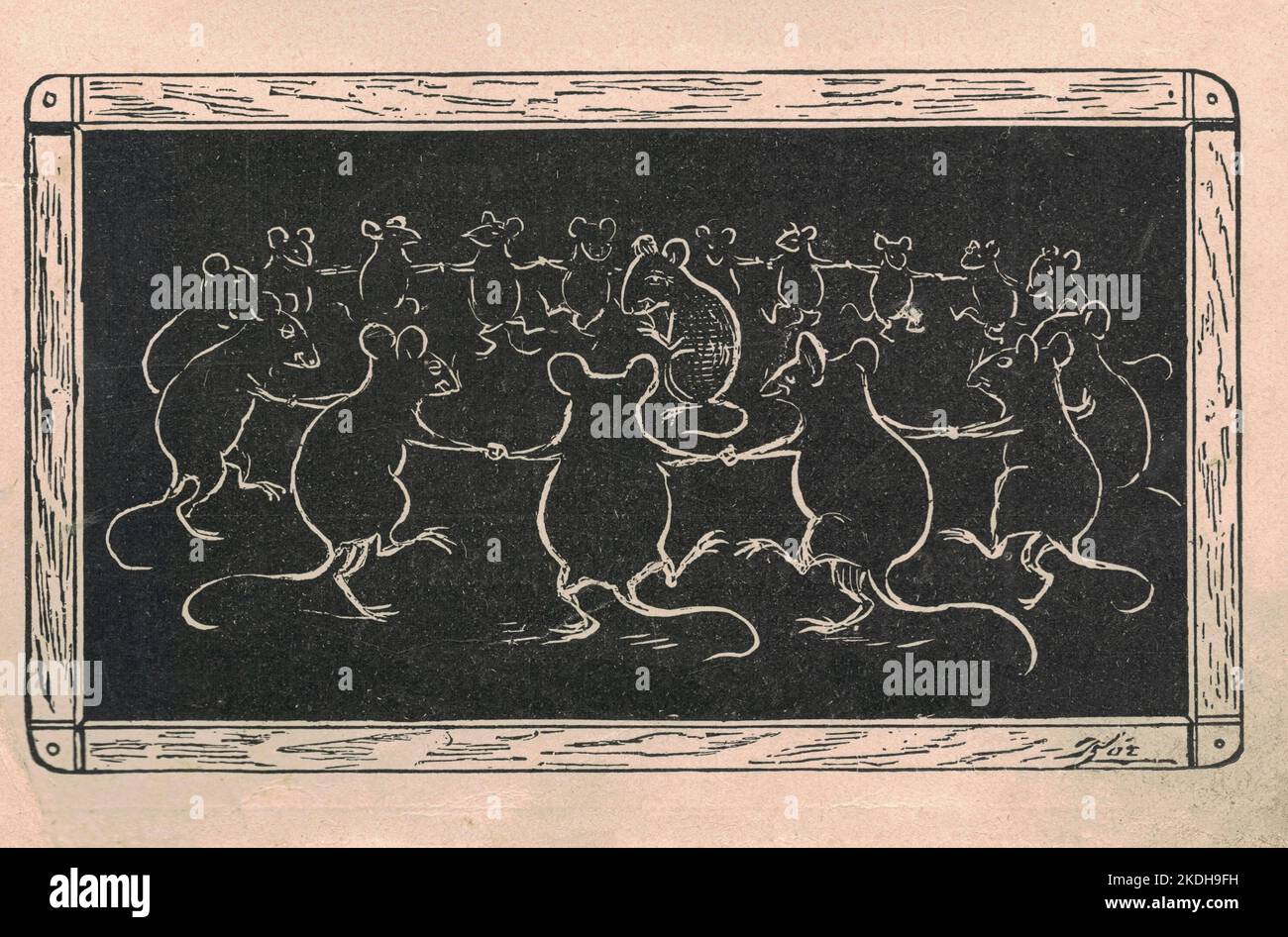 Antique illustration shows the mice drawn on blackboard. Vintage ...
