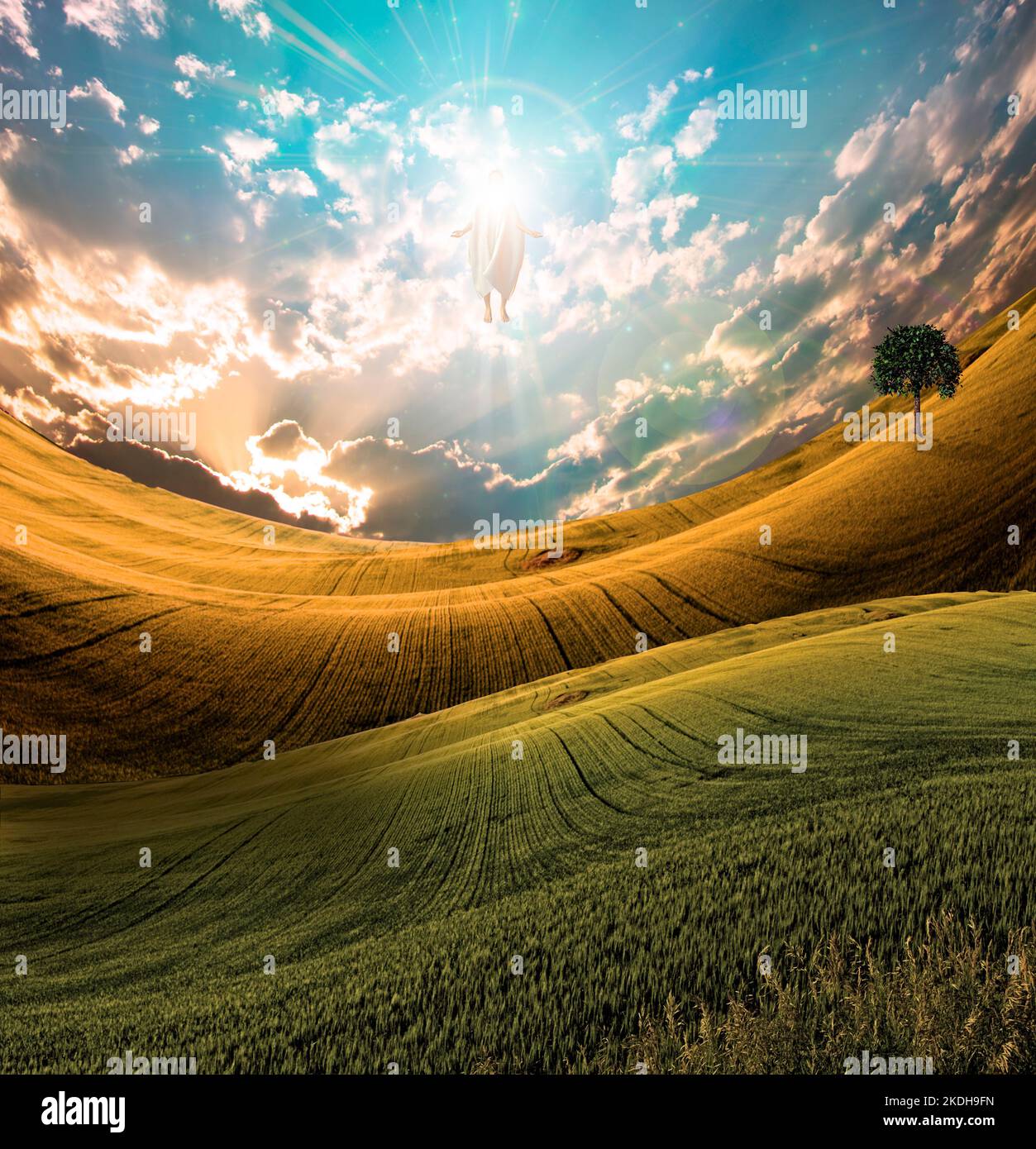 Figure of Light Appears in Sky over Beautiful Landscape. 3D rendering ...