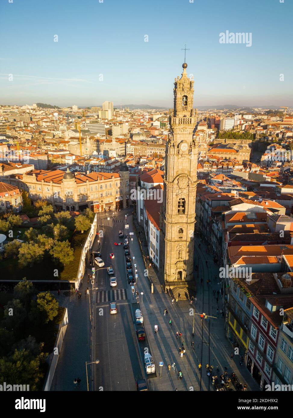 Aerial view of the Clerigos Tower (Torre dos Clerigos), Porto, Portugal ...