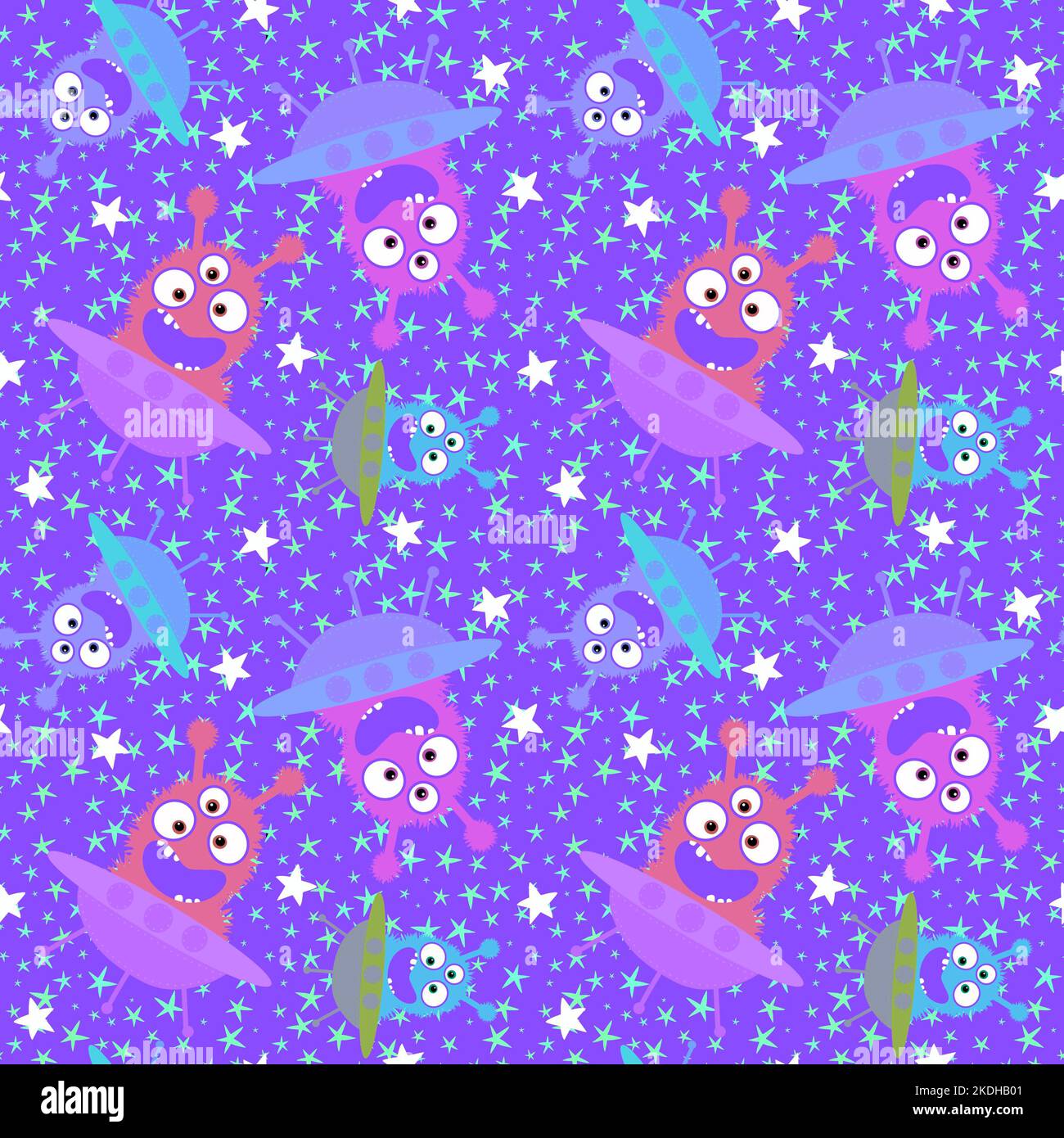 Cartoon aliens monsters seamless spaceship and stars pattern for ...