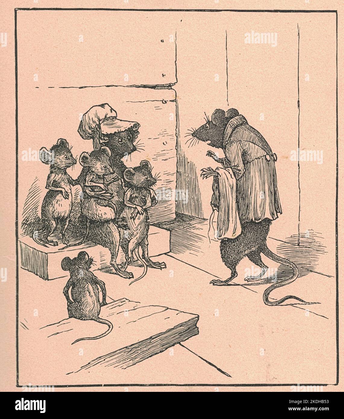 Black & white antique illustration shows a father mouse, a mother mouse ...