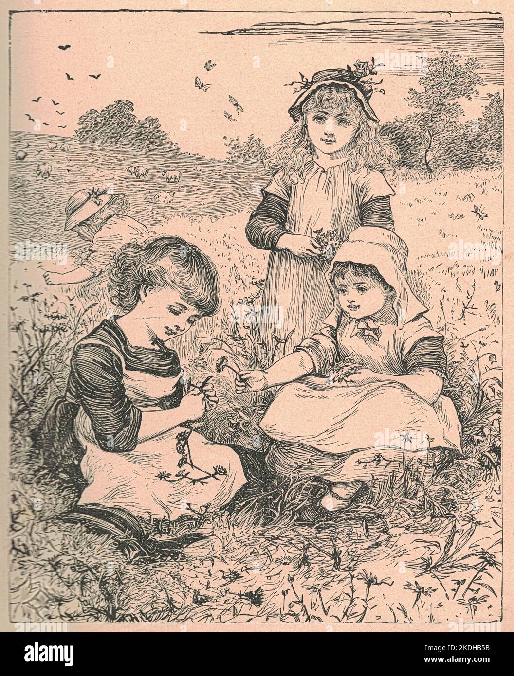 Black White Antique Illustration Shows Tiny Girls On Meadow Vintage Black White Antique Illustration Shows Tiny Girls On Meadow Vintage