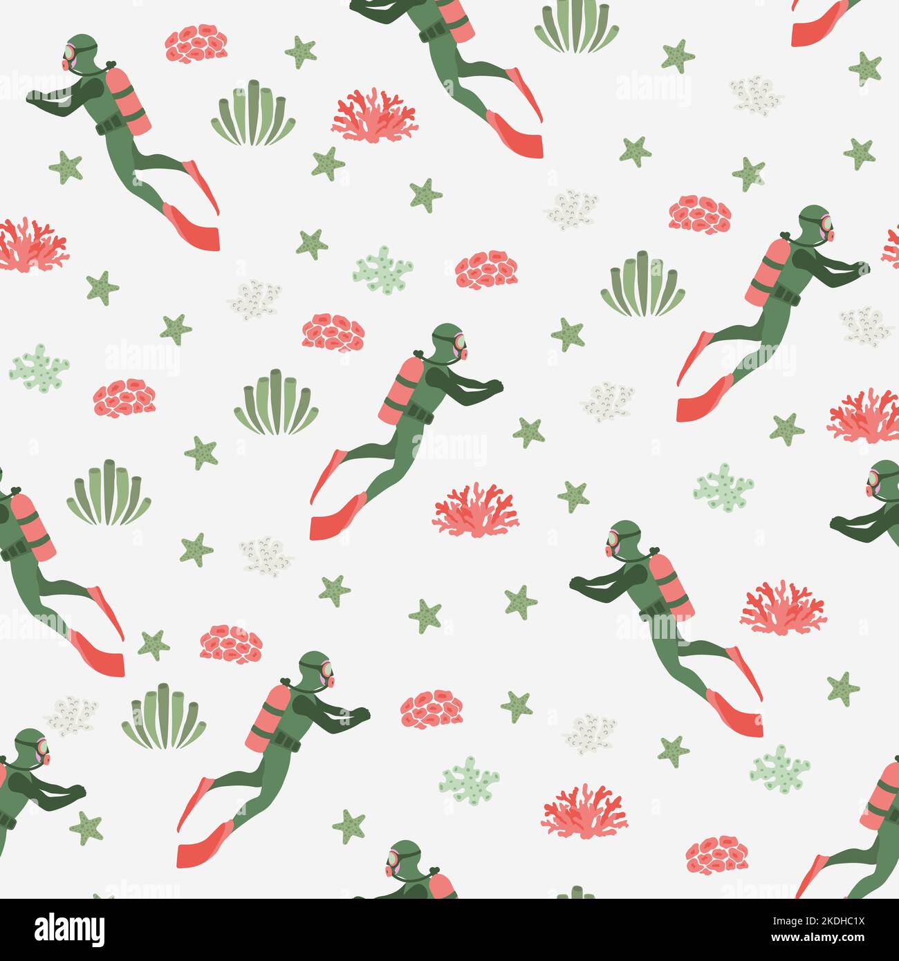 Vector seamless pattern witha diver, algae and starfish .Underwater ...