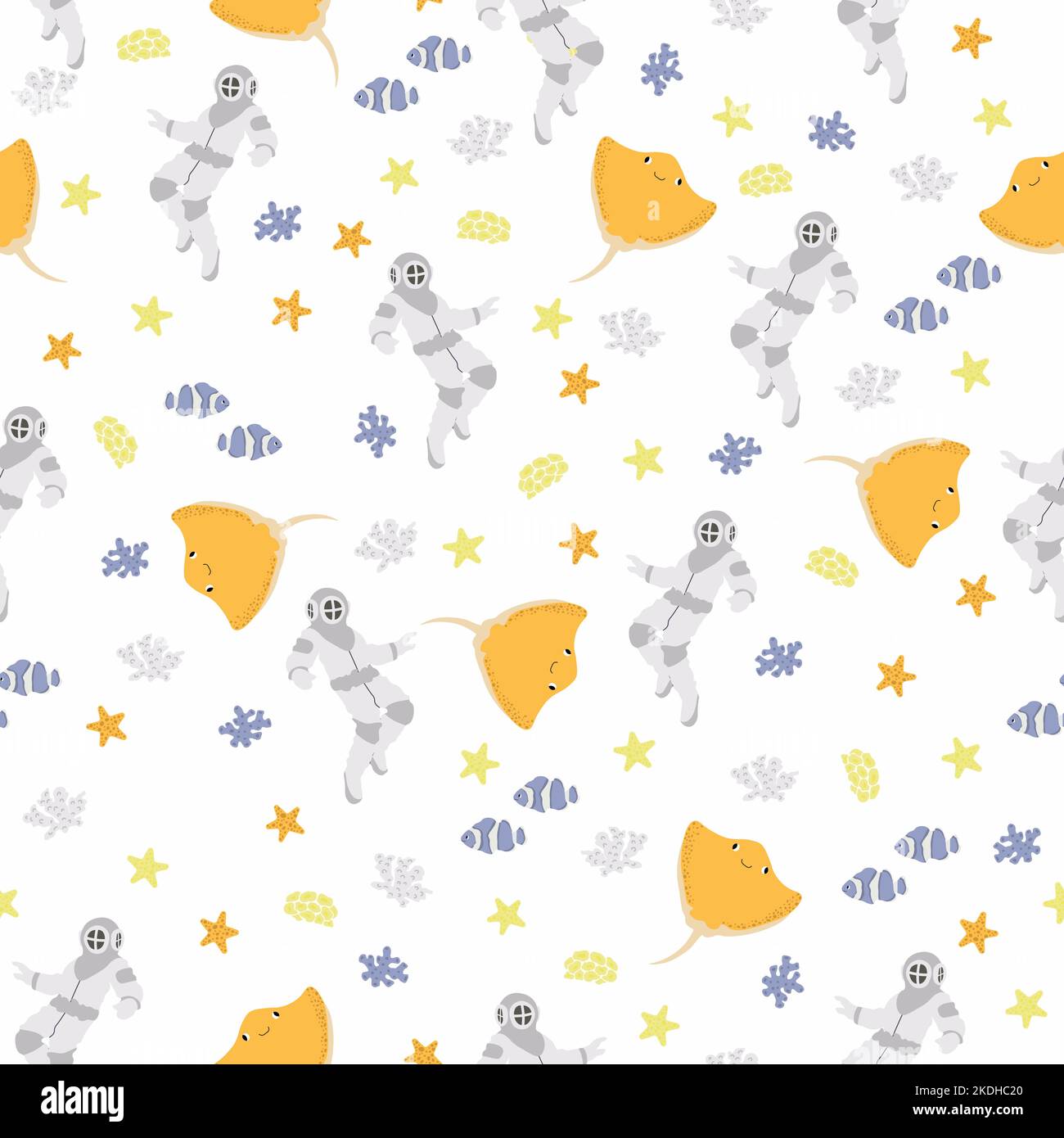 Vector seamless pattern with scuba diver, devilfish, algae, starfish ...
