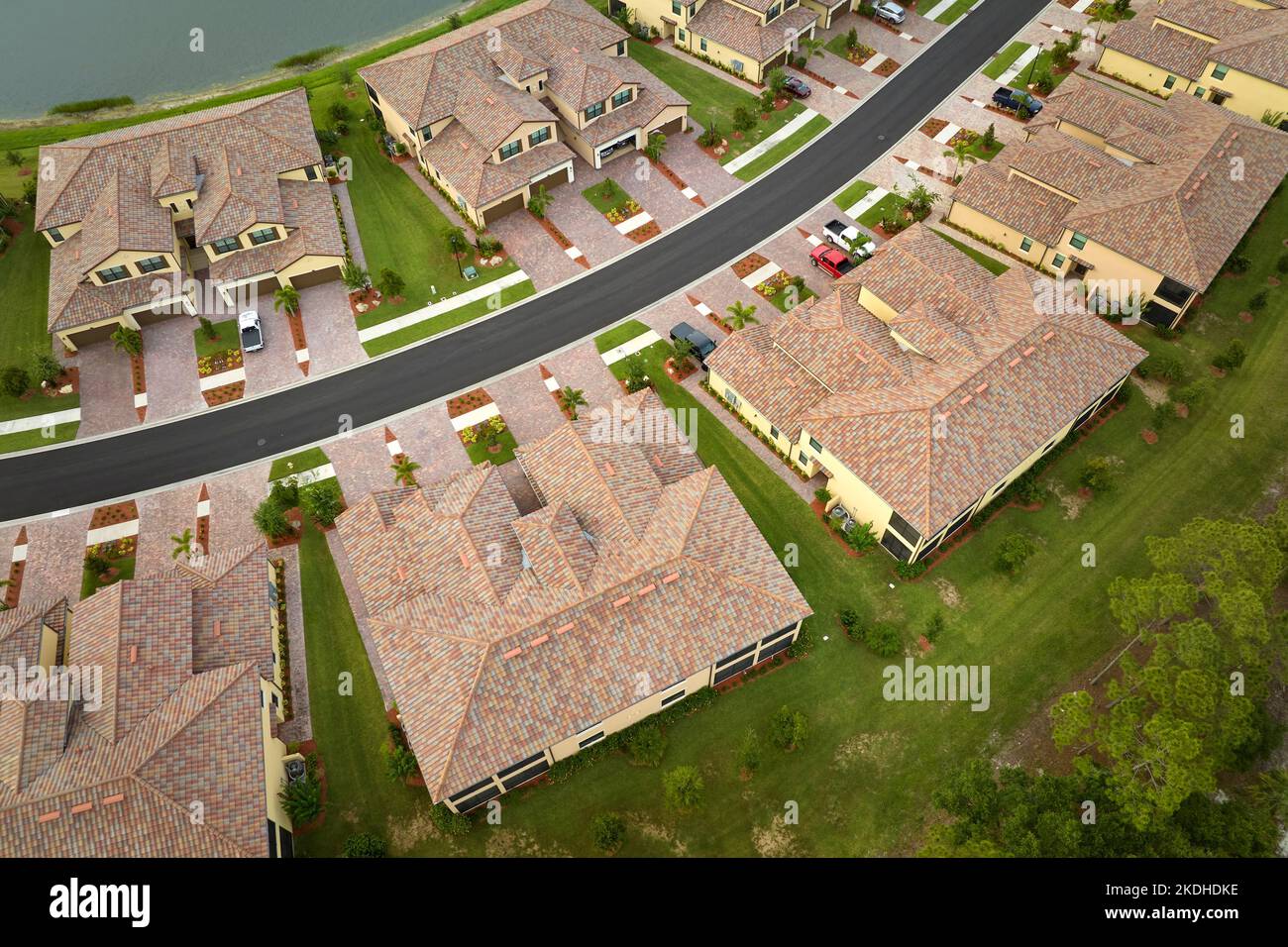 View from above of densely built residential houses in closed living ...