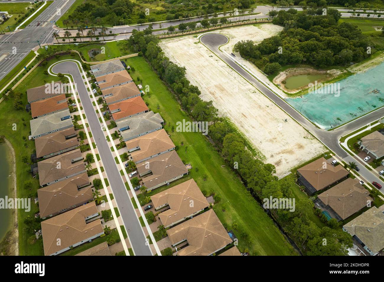 View from above of densely built residential houses under construction ...