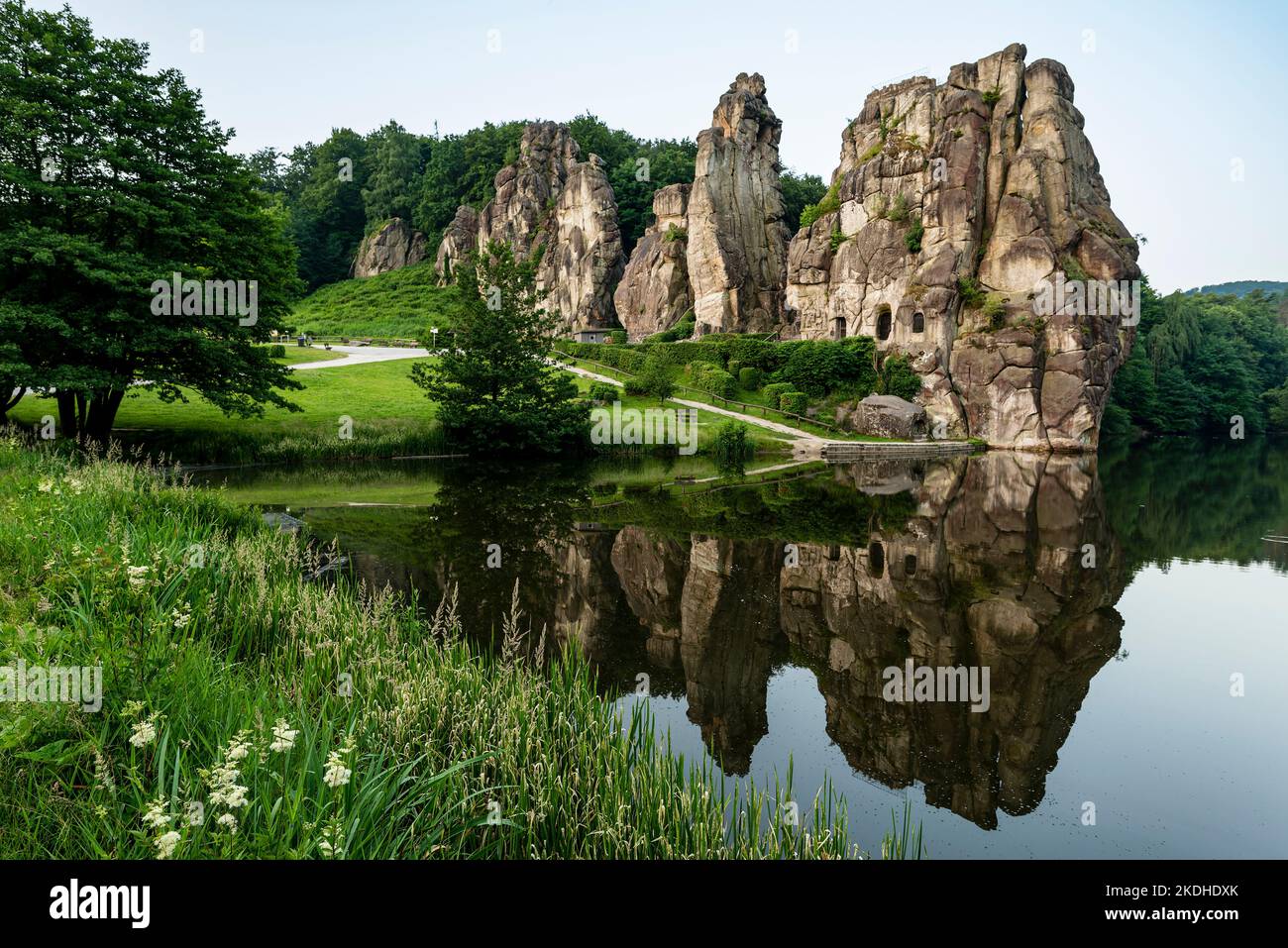 Idyllic early morning scenery at the Externsteine stones, a majestic ...