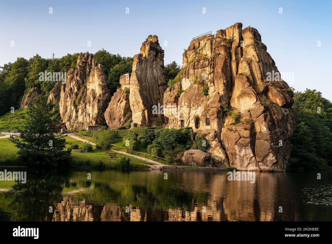 The famous Externsteine stones at sunrise, Teutoburg Forest, Germany ...