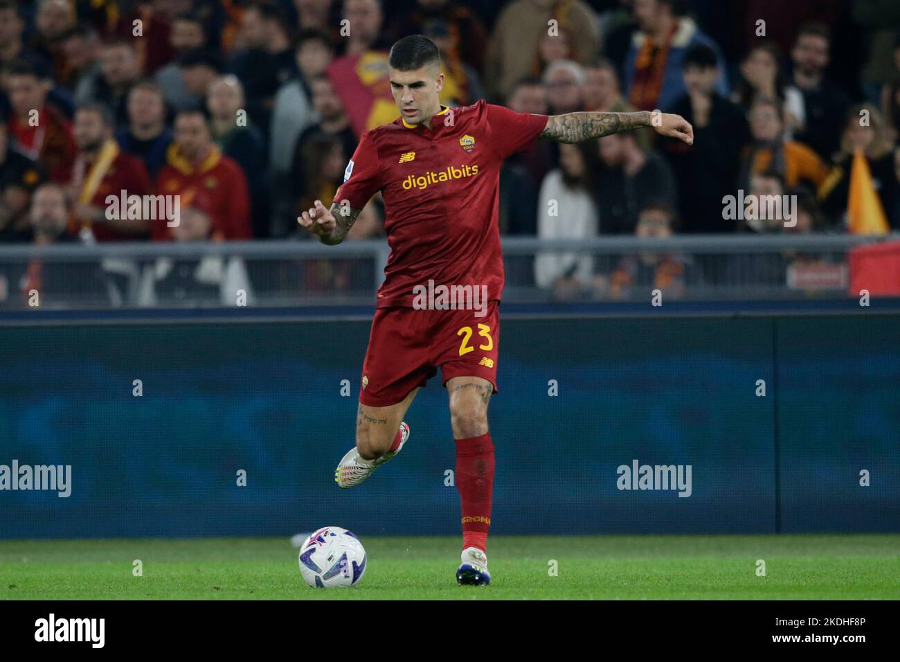 RomaÕs Italian defender Gianluca Mancini controls the ball during the ...
