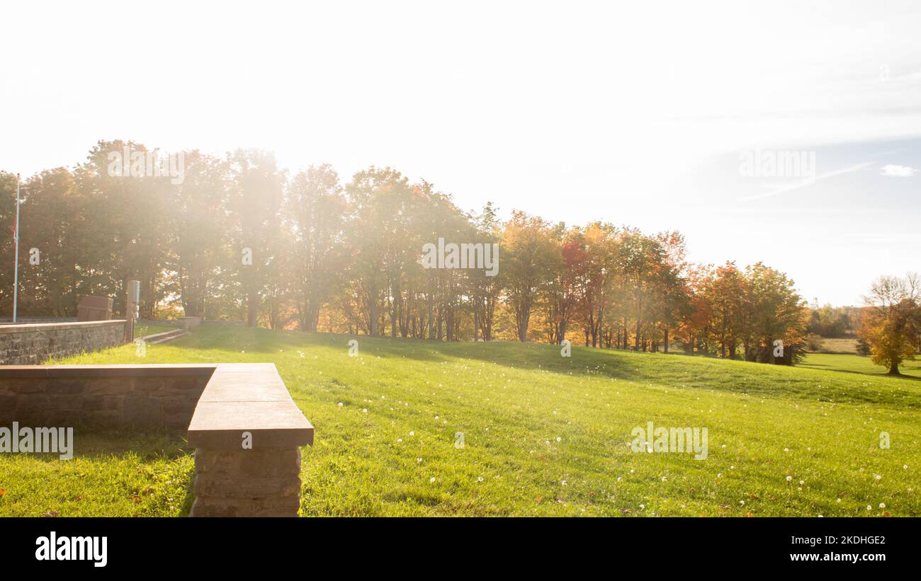 Fall Landscape view with sun flare. Autumn maple trees in the colors of ...