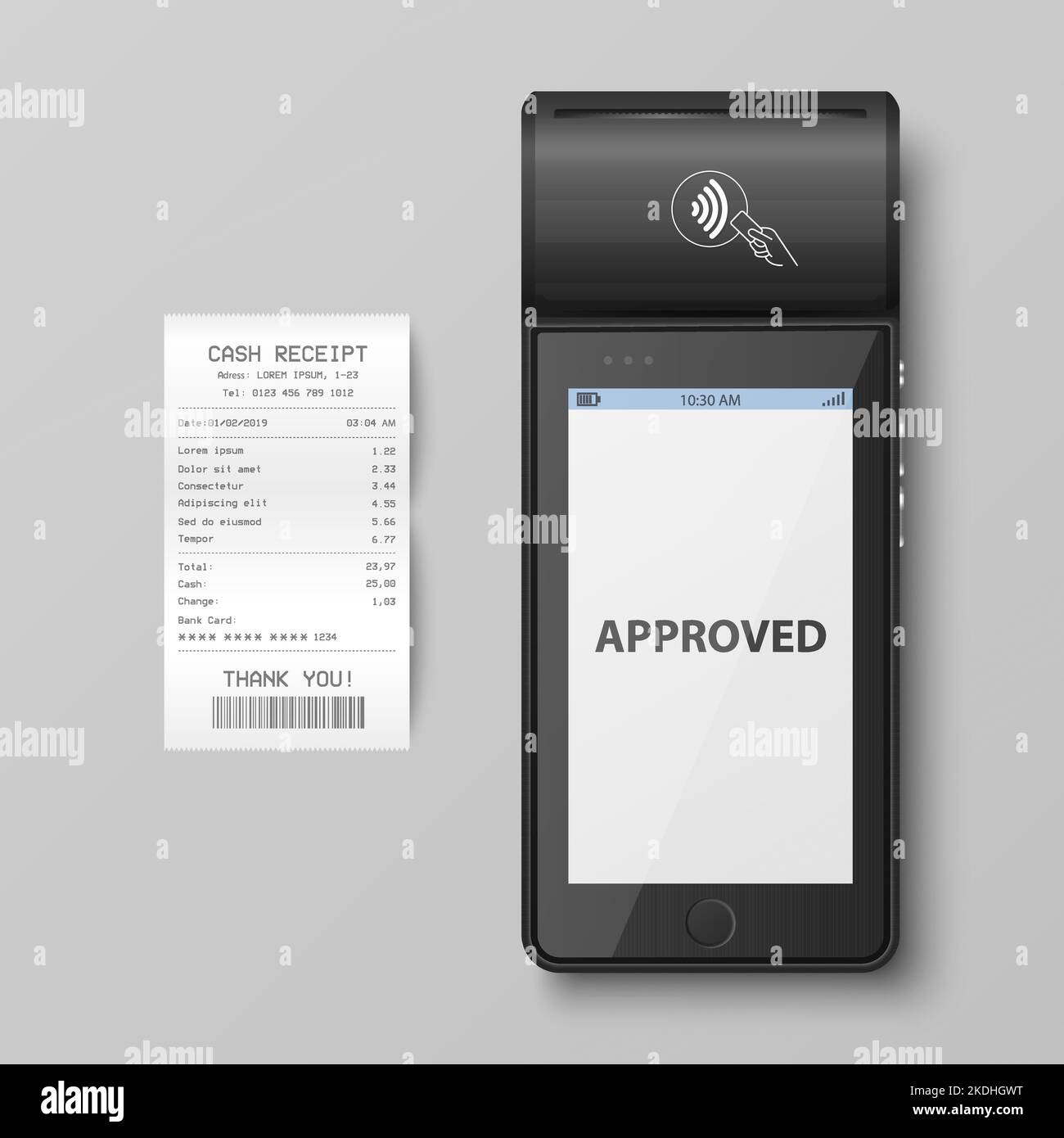 Vector 3d NFC Payment Machine with Approved Status, Paper Check, Receipt Isolated. Wi-fi ...