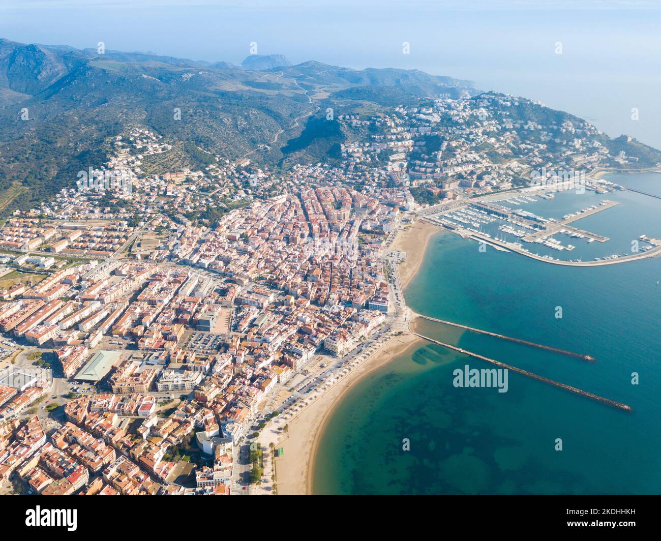 View from drone of Roses with yachts, Catalonia, Spain Stock Photo - Alamy